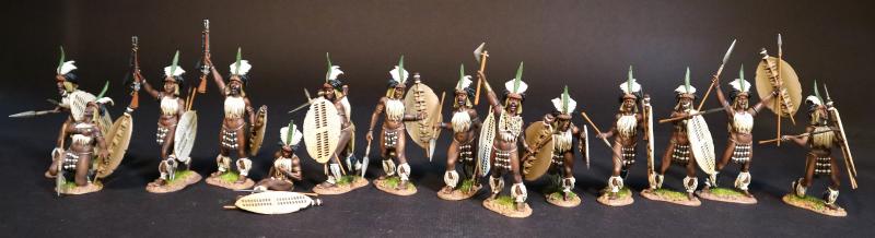 Two Zulu Warriors (advancing crouched, ready to thrust; advancing ...