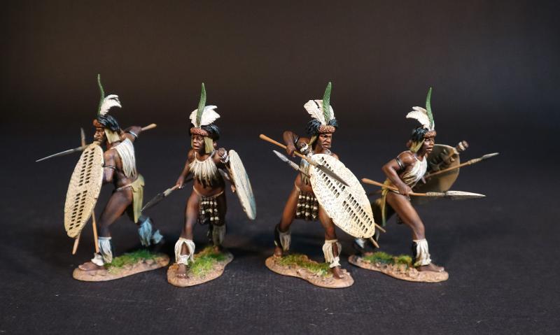 Four Zulu Warriors (2 advancing open stance; 2 stabbing over shield ...