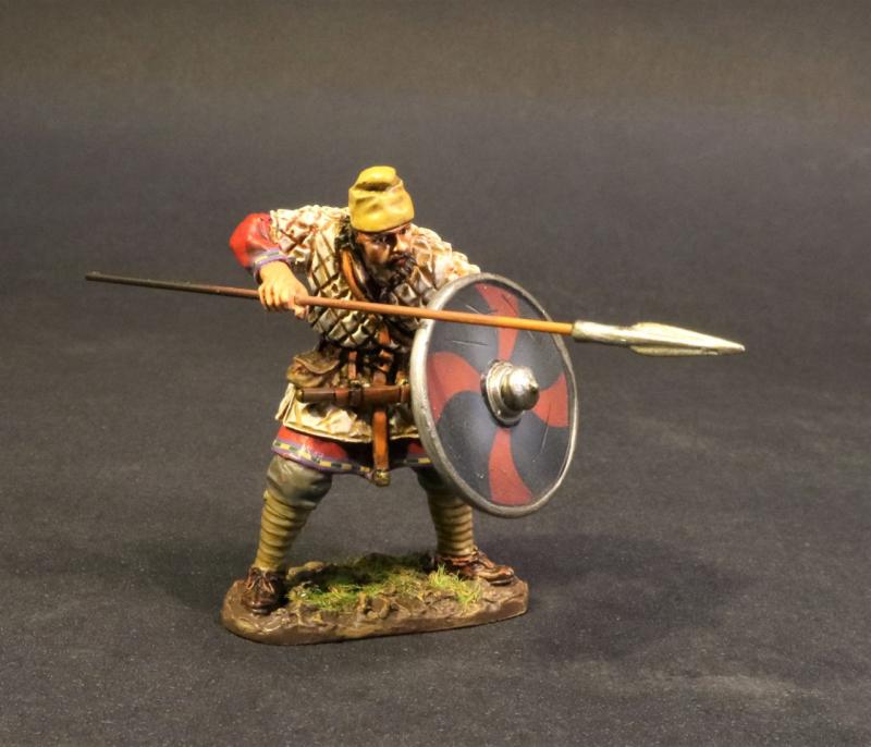 Saxon Fyrdman #18b (standing crouched, spear ready to thrust, red ...